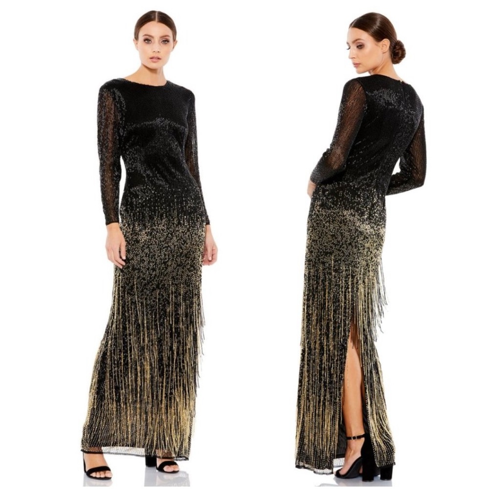 Mac Duggal Black Gold Beaded Fringe Gown 93584 - Gem